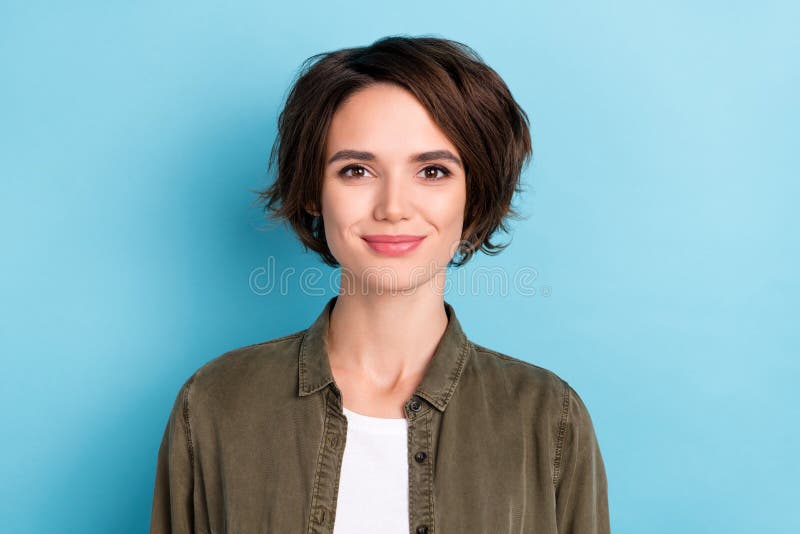 Photo Of Nice Millennial Bob Hairdo Lady Wear Khaki Shirt Isolated On