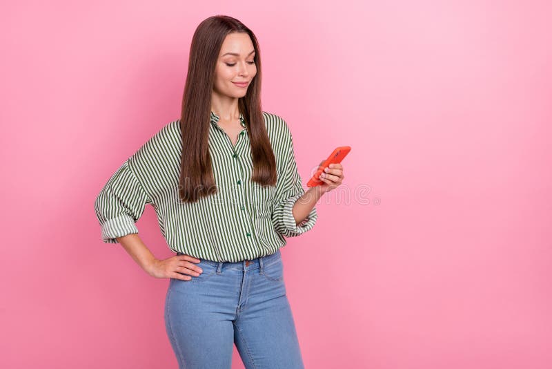 Photo Of Nice Millennial Brunette Lady Look Telephone Wear Shirt