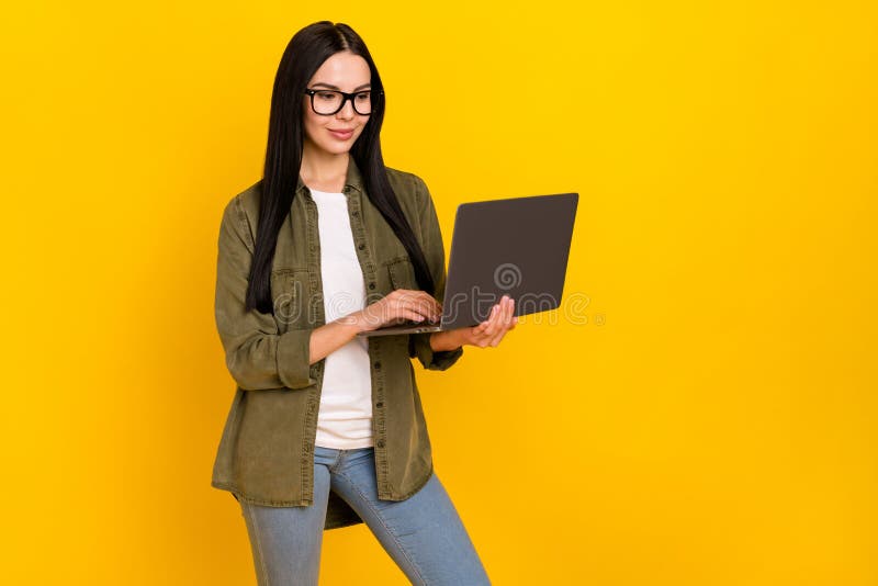 Photo Of Nice Millennial Lady Look Laptop Wear Eyewear Khaki Shirt