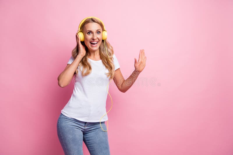 Photo Of Nice Optimistic Blond Lady Dance Listen Music Wear White T