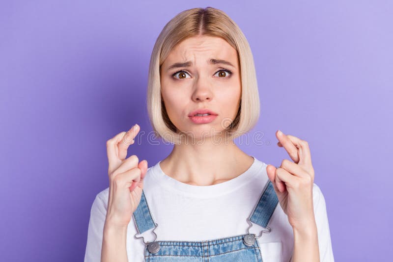 Photo Of Nice Sad Short Hairdo Blond Lady Crossed Fingers Wear White T