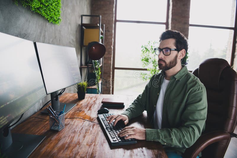 Photo of Nice Serious Intelligent Man Tech Expert Wear Shirt Work with ...