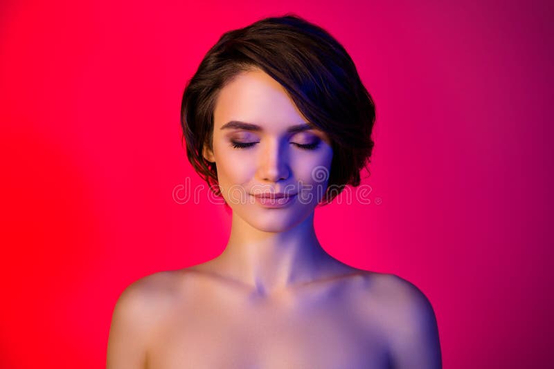 Photo Of Nice Short Hairdo Young Lady Without Clothes Closed Eyes