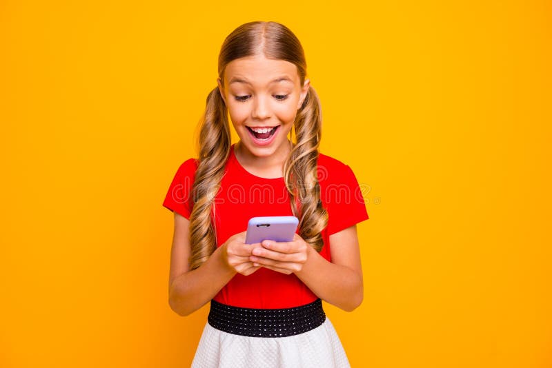 Photo Of Nice Small Lady Holding Telephone Hands Young Influencer
