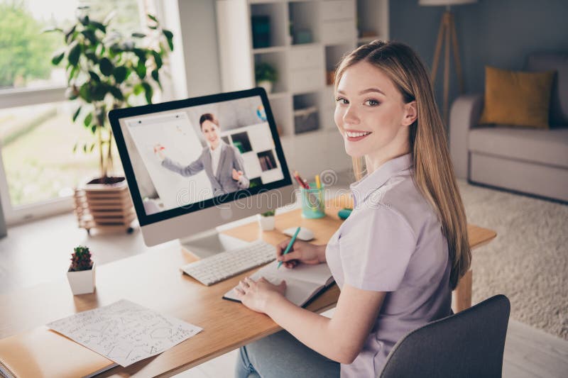 Photo of Nice Young Girl Write Notebook Remote Study Learn Computer ...