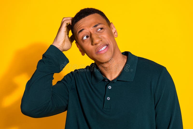 Photo of Nice Young Man Scratch Head Look Empty Space Wear Pullover ...