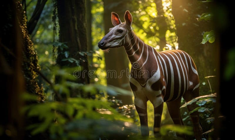Photo of Okapi Gracefully Navigating Its Way through a Dense Sunlit ...