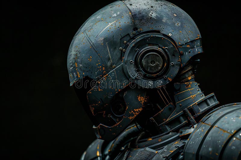 A Photo of an Old Cyborg in Full Armor, with a Dark Background, in a ...