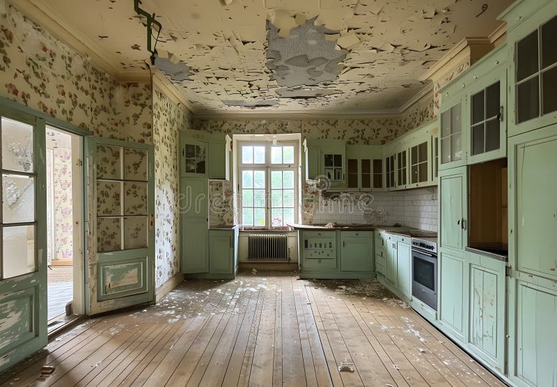 Abandoned Kitchen with Green Cabinets and Floral Wallpaper Stock ...
