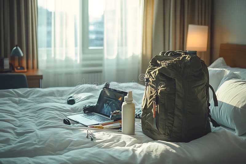 A Photo of an Olive Green Backpack on the Bed in the Foreground, with a ...