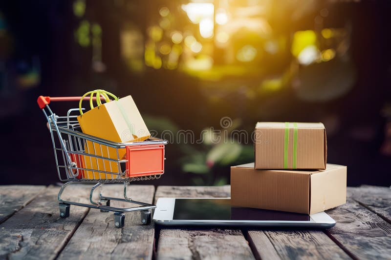 Photo Online Shopping Concept Cart, Tablet, and Boxes on Table Stock ...