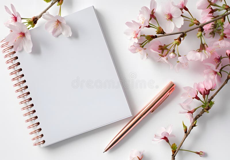 Blank Notebook with Pink Cherry Blossoms and Pen Stock Illustration ...