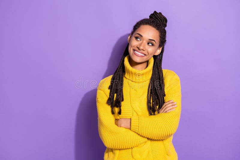 Photo Of Optimistic Nice Brunette Girl Crossed Arms Look Empty Space