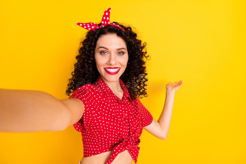 Photo Of Optimistic Nice Brunette Lady Do Selfie Hold Hand Wear Shirt