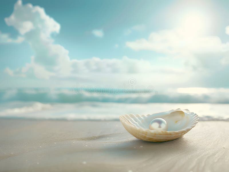 Seashell with Pearl on Beach, Copy Space Stock Illustration ...