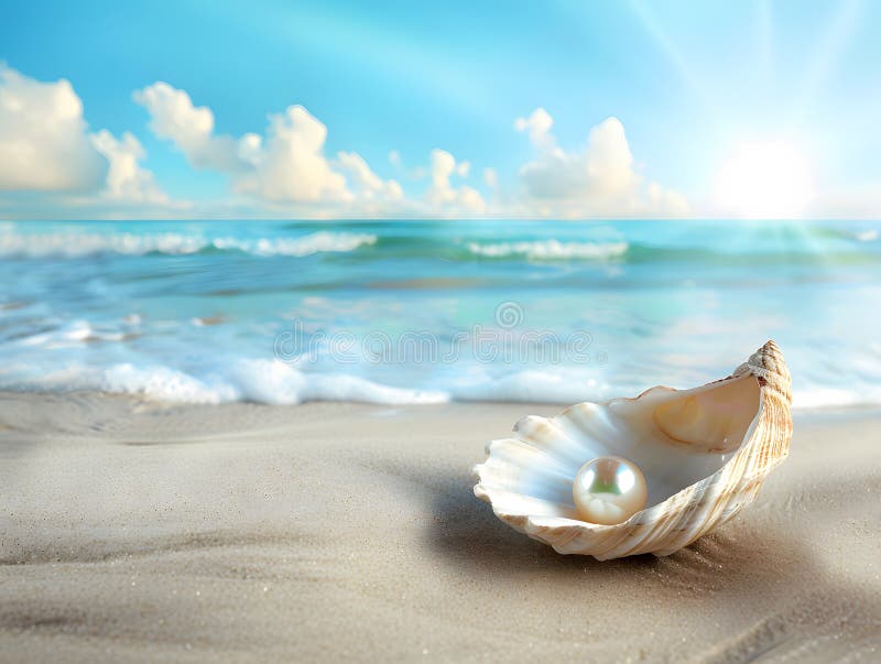 Seashell with Pearl on Sandy Beach Stock Illustration - Illustration of ...