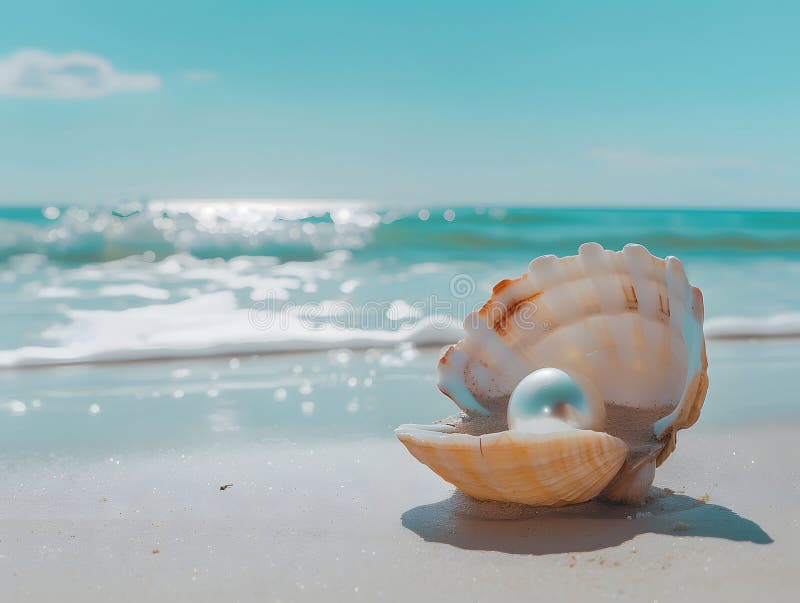 Seashell with Pearl on Sandy Beach Stock Illustration - Illustration of ...