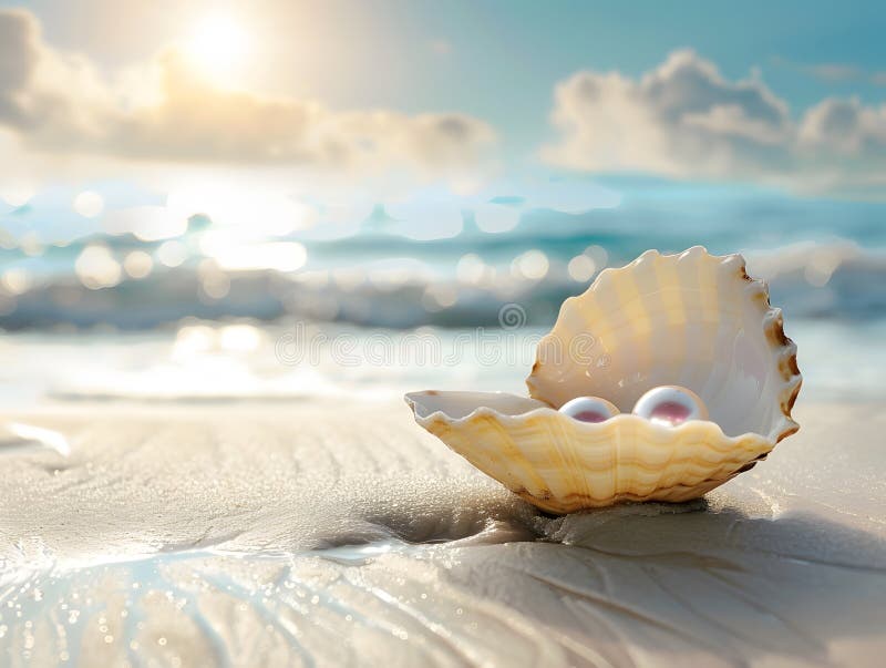 Seashell with Pearls on Sandy Beach Stock Illustration - Illustration ...