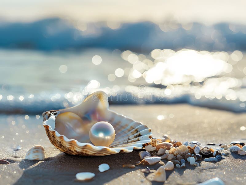 Shiny Pearl in Seashell on Beach Sand Stock Illustration - Illustration ...