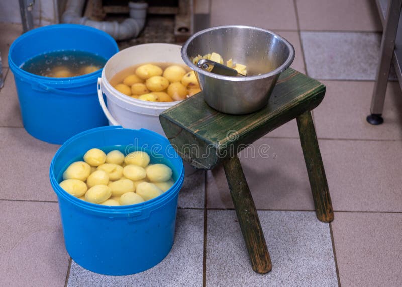 Photo with Peeled Potatoes, Catering Concept, Kitchen Work, Root Stock ...