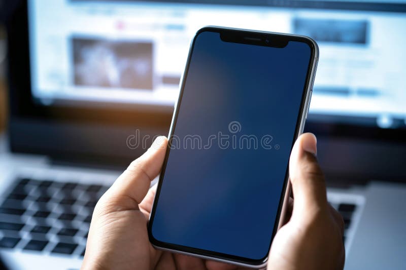 Photo of a Person Using a Cell Phone while Working on a Laptop Stock ...
