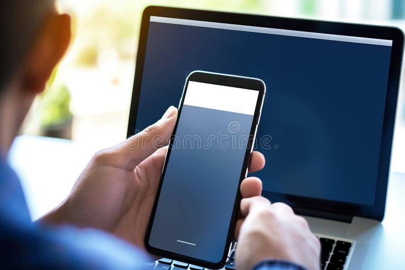 Photo of a Person Using a Cell Phone while Working on a Laptop Stock ...