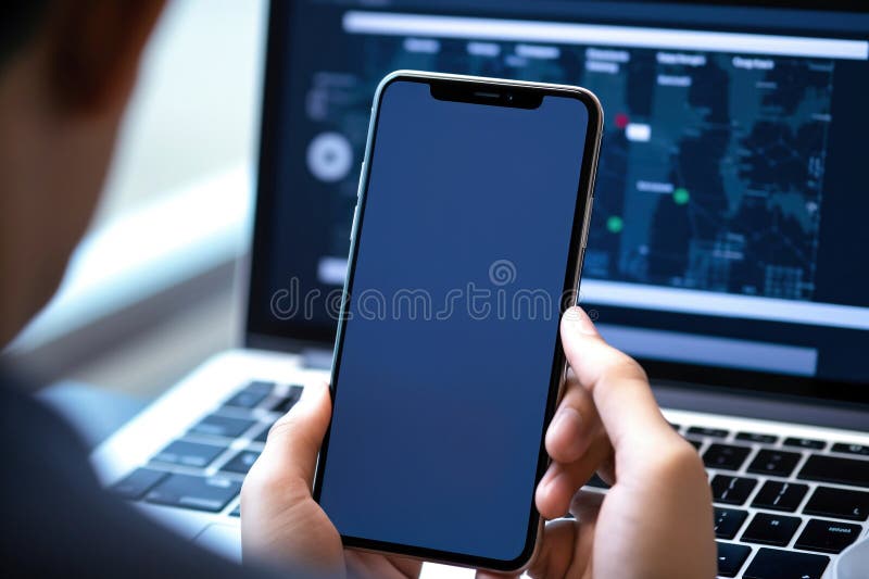 Photo of a Person Using a Cell Phone while Working on a Laptop Stock ...