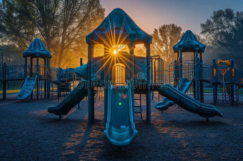 A Photo of a Playground Featuring a Blue Slide Surrounded by Trees, a ...