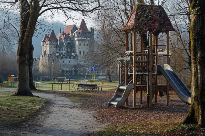 A Photo of a Playground Featuring a Castle in the Background, Creating ...