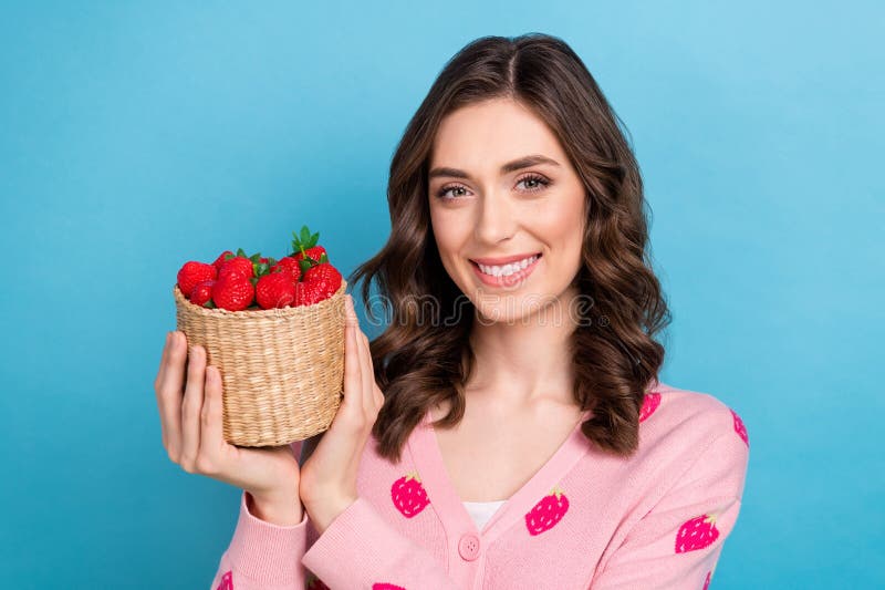 Photo Portrait Of Attractive Woman Hold Strawberry Market Shopping Wear