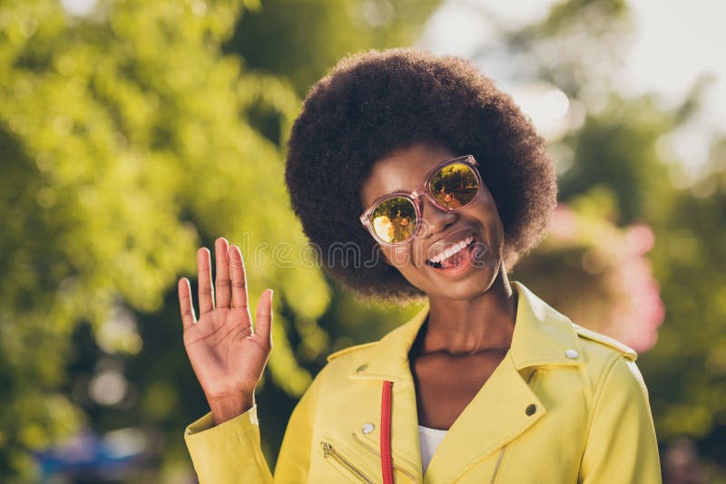 Photo Portrait Of Cheerful Woman Waving Outdoors Stock Image Image Of