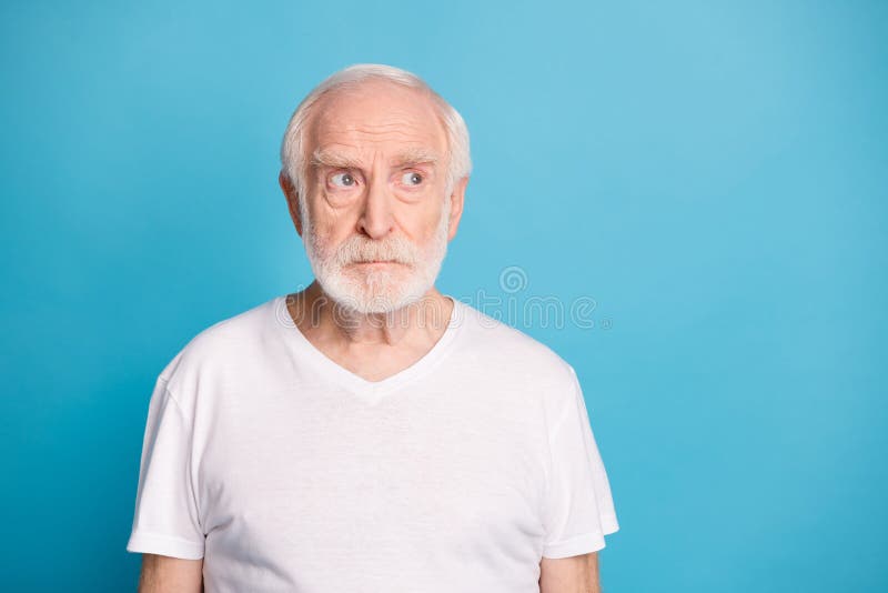 Photo Portrait of Grumpy Old Man Looking at Blank Space Isolated on ...