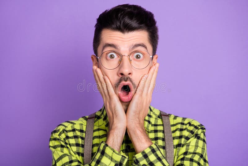 Portrait Of Impressed Stressed Girl Open Mouth Wear Purple Shirt
