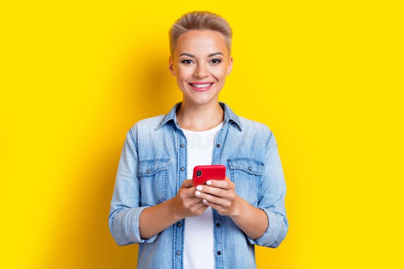 Photo Portrait Of Lovely Young Lady Hold Telephone Influencer Wear