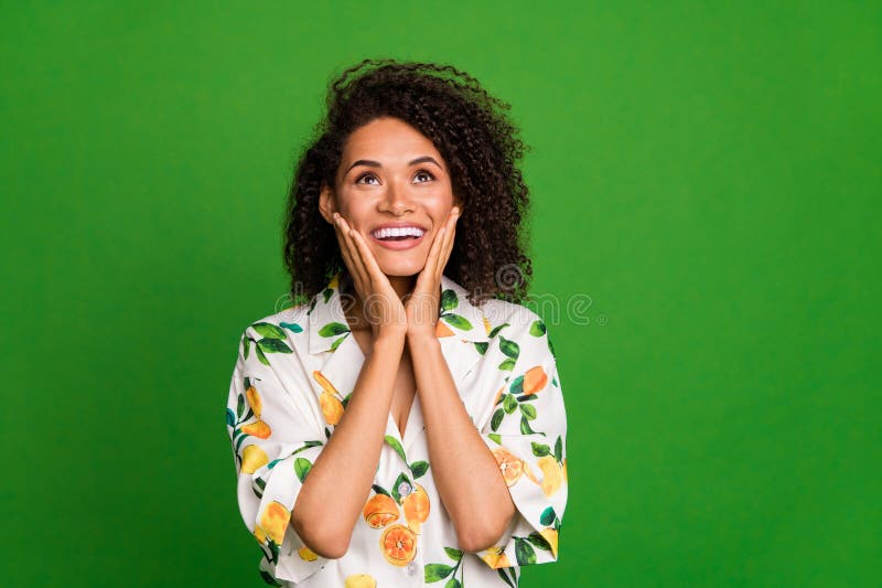 Photo Portrait of Lovely Young Lady Touch Cheeks Look Up Admire Dressed ... Photo Portrait of Lovely Young Lady Touch Cheeks Look Up Admire Dressed ...