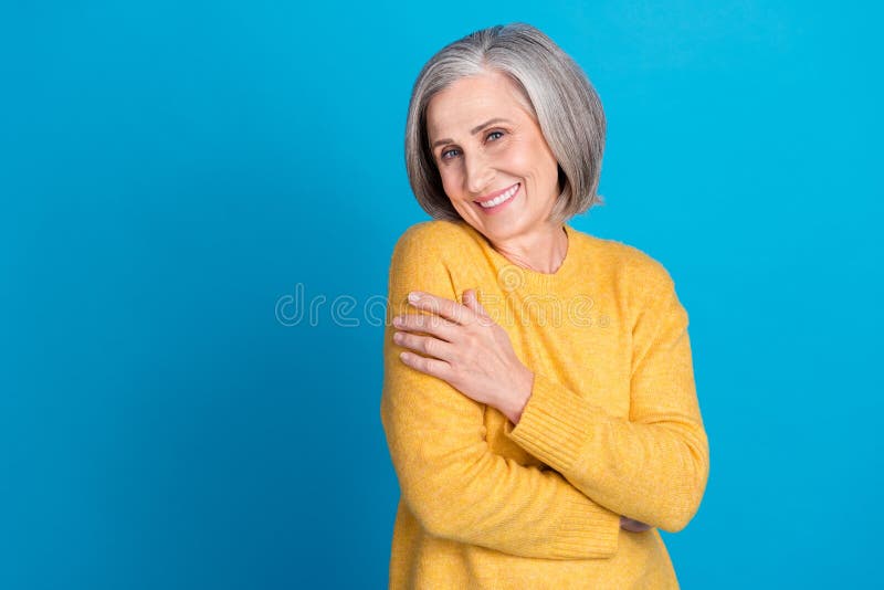 Photo Portrait Of Mature Lovely Lady Hug Herself Self Love Embrace
