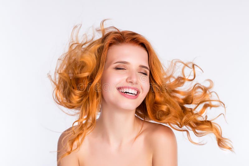 Photo Portrait Of Young Woman Curly Red Hair Smooth Skin Laughing