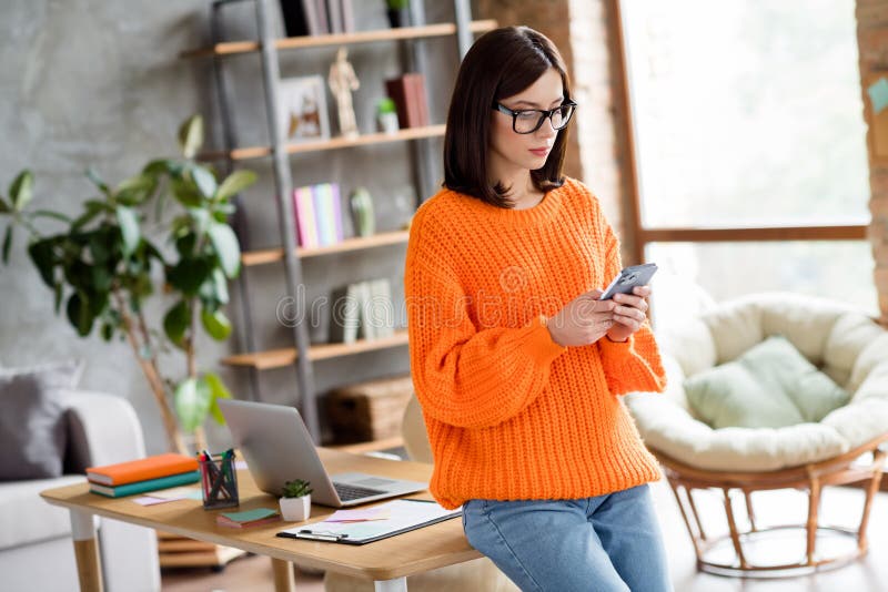 Photo of Positive Confident Lady Dressed Orange Pullover Answer ...