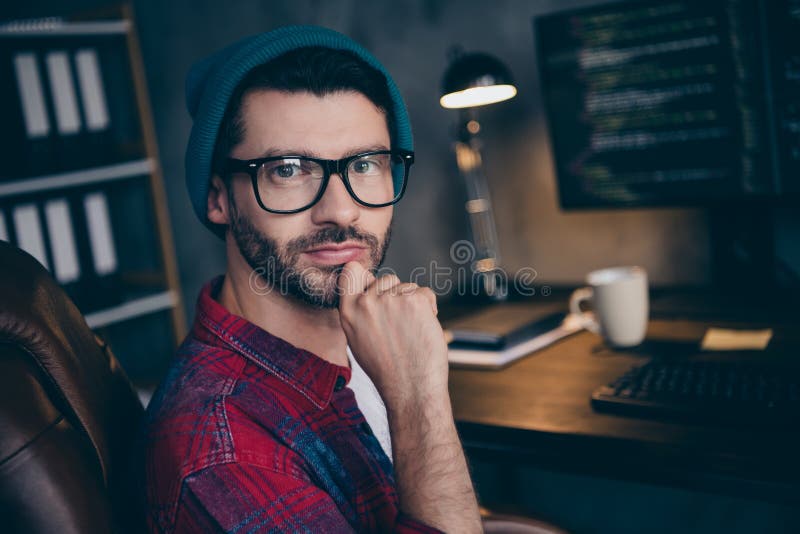 Photo of Positive Smart Coder Dressed Hat Glasses Creating ...