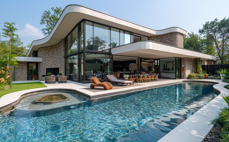 Photo Pour Modern House with Pool View from the Garden Stock Photo ...