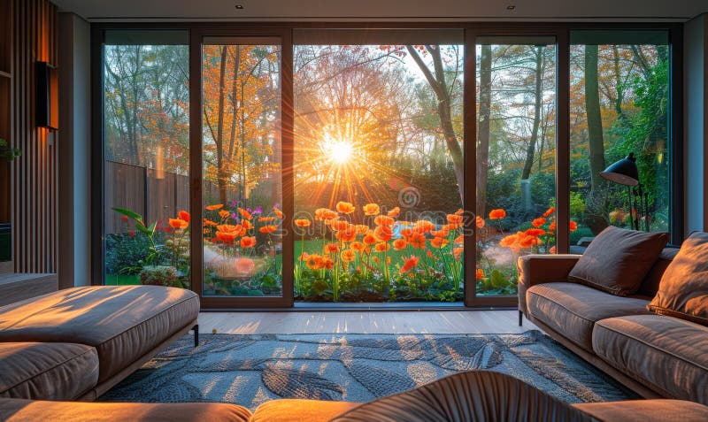 Photo Pour the Sun and Tulips Seen through the Window from Inside the ...