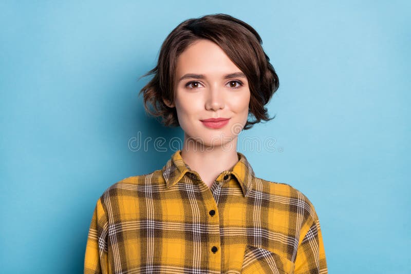 Photo Of Pretty Adorable Bob Hairstyle Girl Look Camera Serene Smile