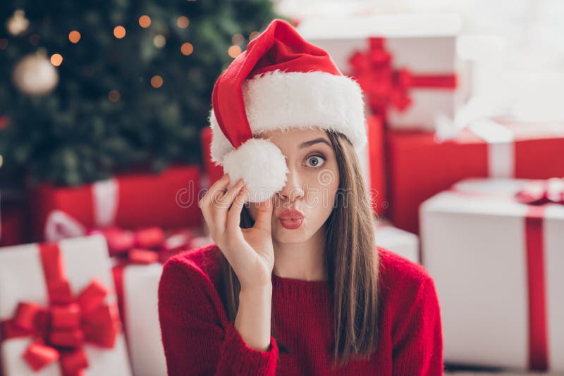 Photo Of Pretty Lady Sit Floor Presents Pompom Cover Eye Send Air Kiss