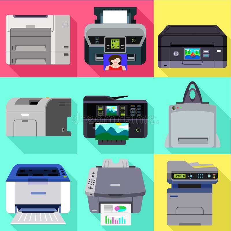 Photo Printer Icon Set, Flat Style Stock Vector - Illustration of ...