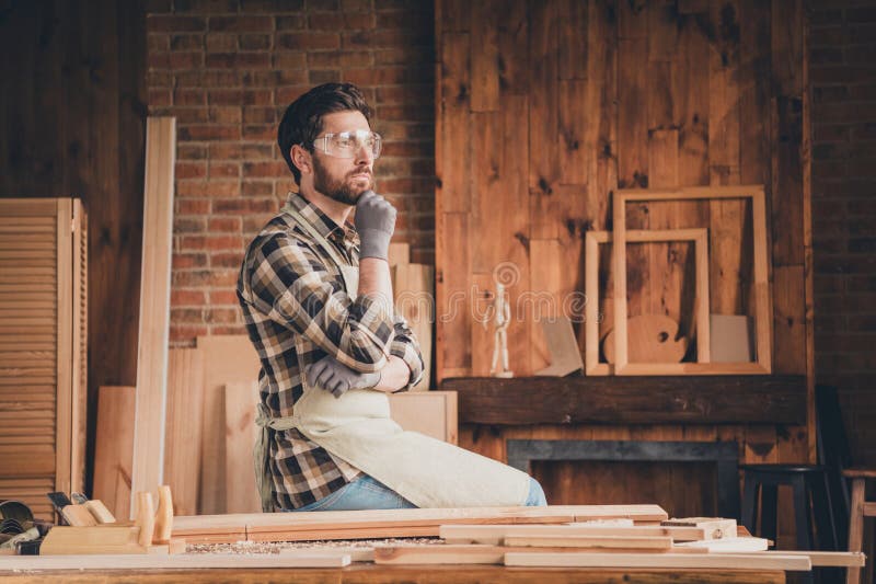 Photo of Professional Workman Guy Sit Look Profile Side Thinking in ...