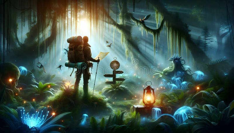 Photo Realistic As Backpacker with Map and Compass in Enchanted Forest ...