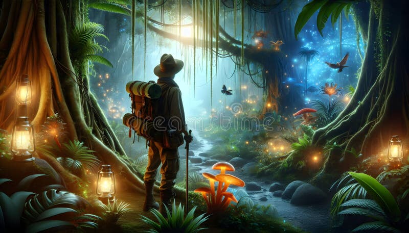 Photo Realistic As Explorer with Hat and Backpack in Enchanted Jungle ...