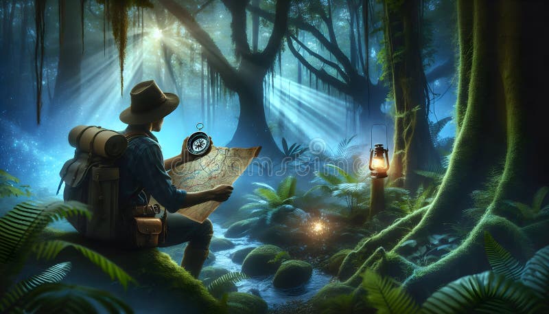 Photo Realistic As Hiker with Map and Compass in Enchanted Forest ...