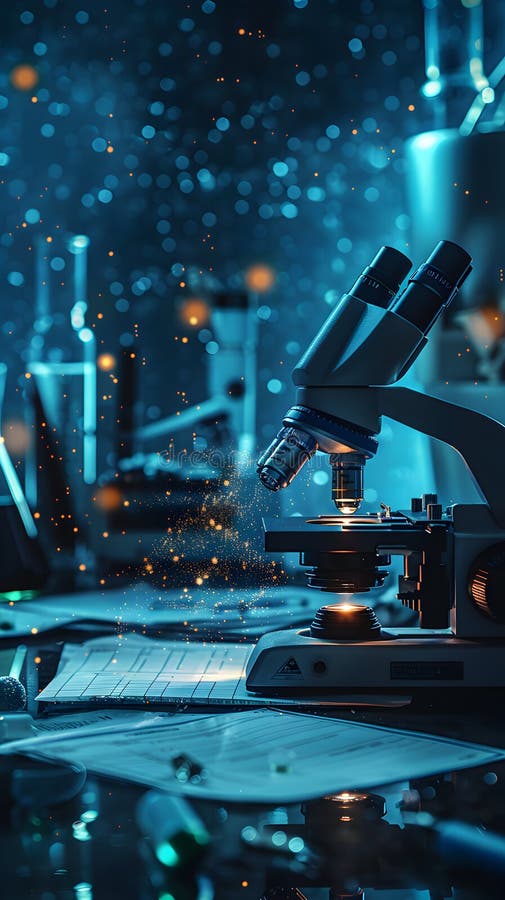 Photo Realistic As Research Team with Microscope and Data Sheets ...