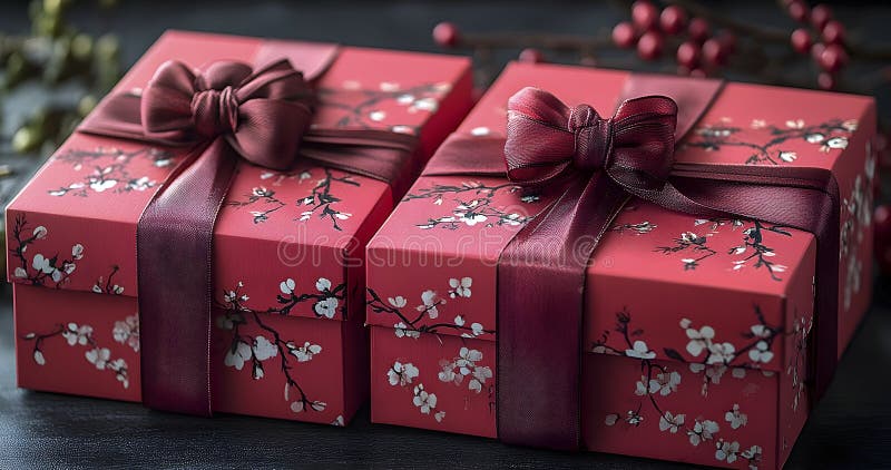 Red Gift Boxes with Ribbon and Floral Design – Elegant Holiday ...